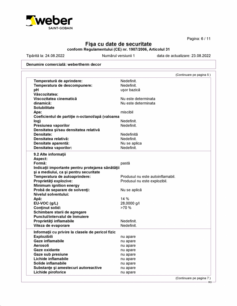 Fisa cu datele de securitate pentru tencuiala decorativa acrilica cu silicon WEBER webertherm ...
