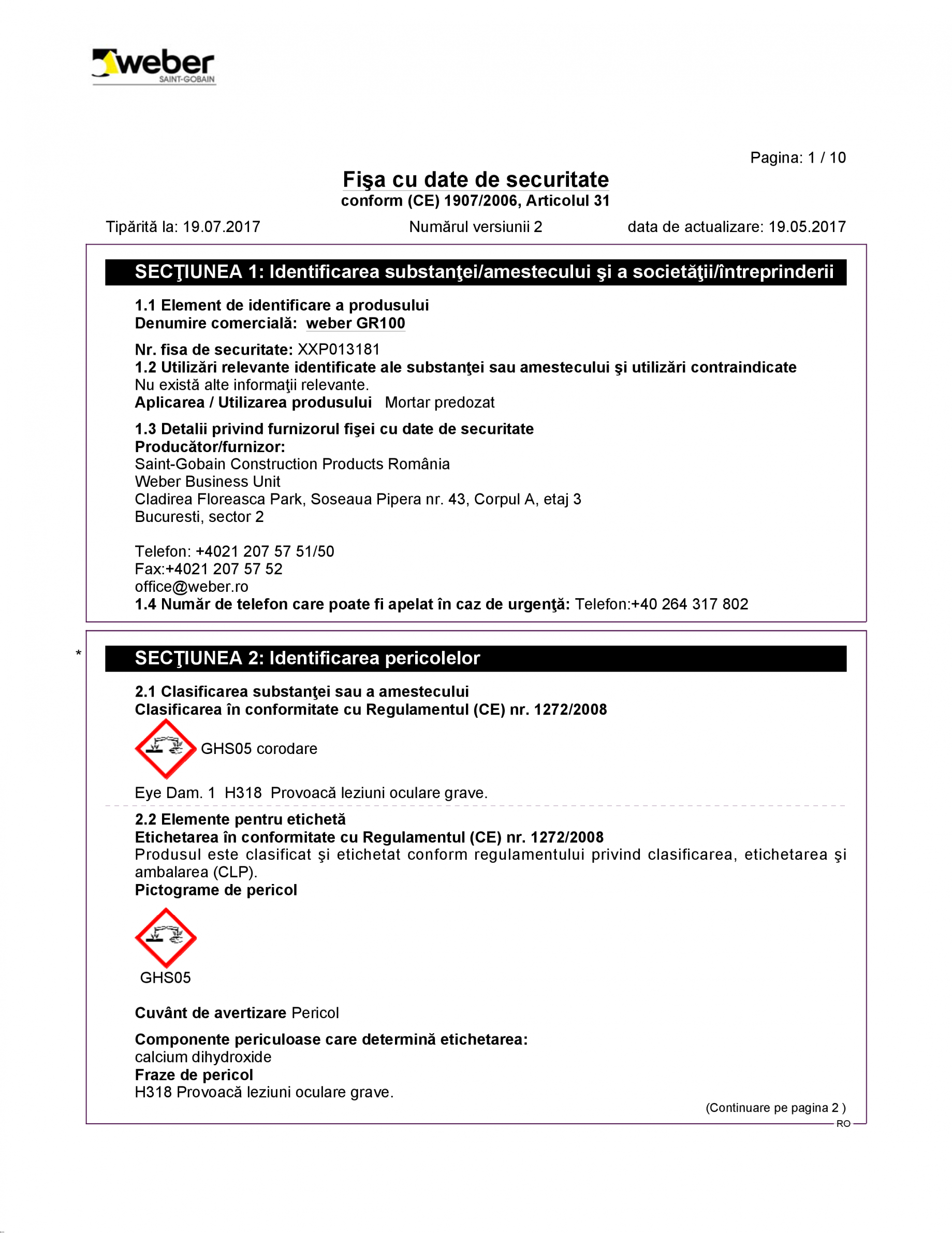 Fisa cu datele de securitate pentru grund de profunzime WEBER GR100 ...