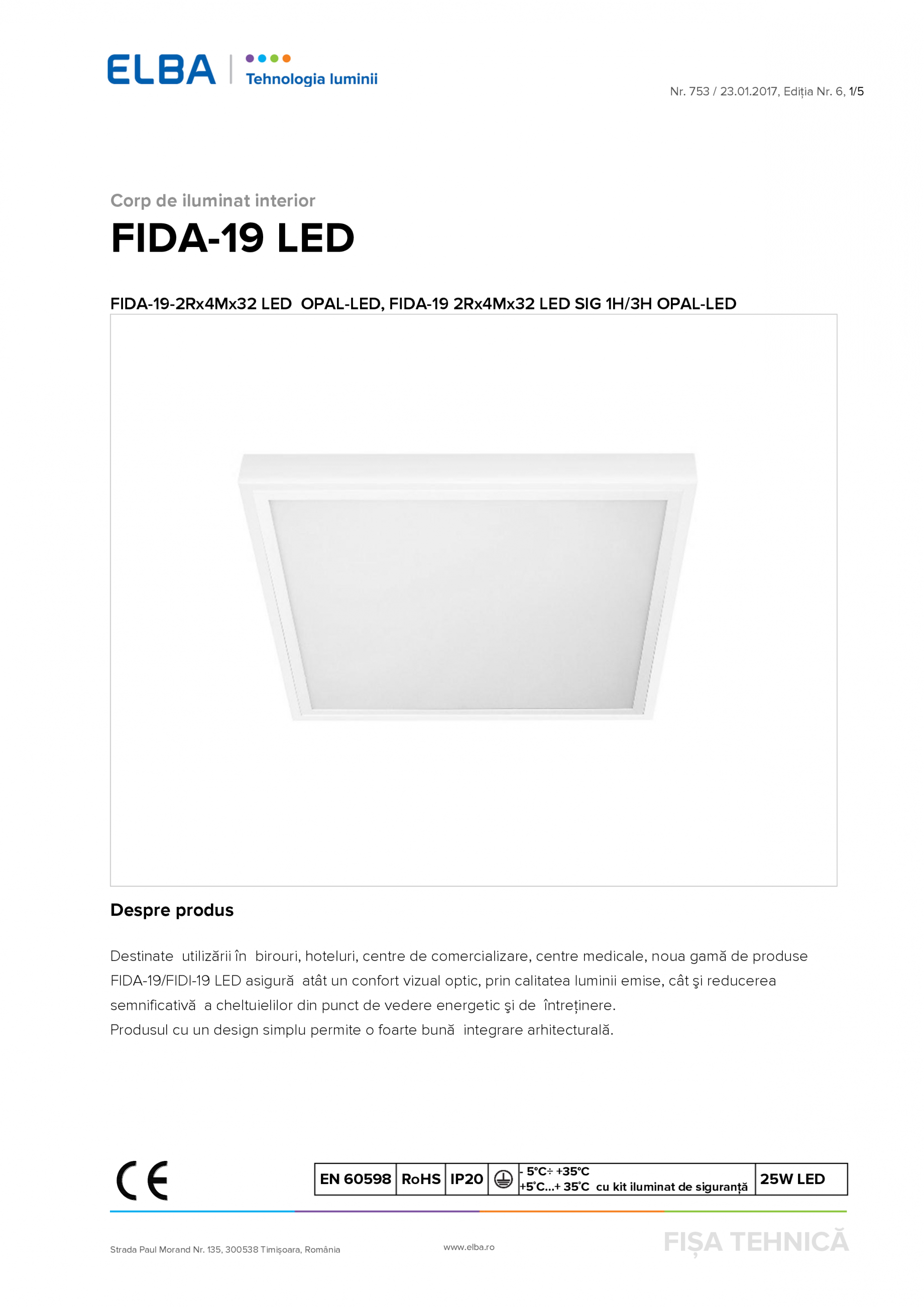 Corp de iluminat suspendat ELBA-COM FIDA-19 Fisa tehnica Romana