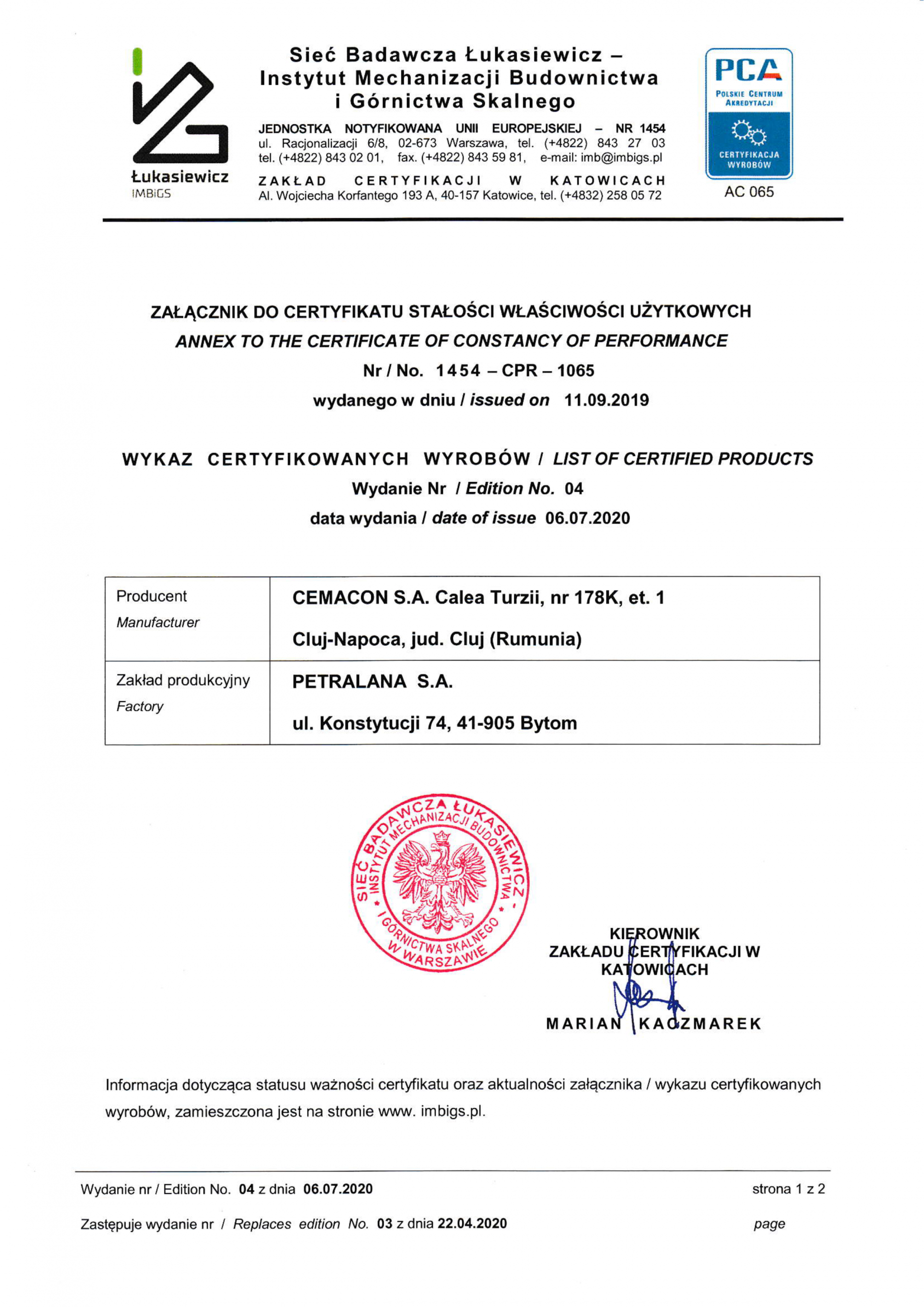 Certificate de conformitate al controlului productiei in fabrica CEMACON EVT 30 Certificare ...