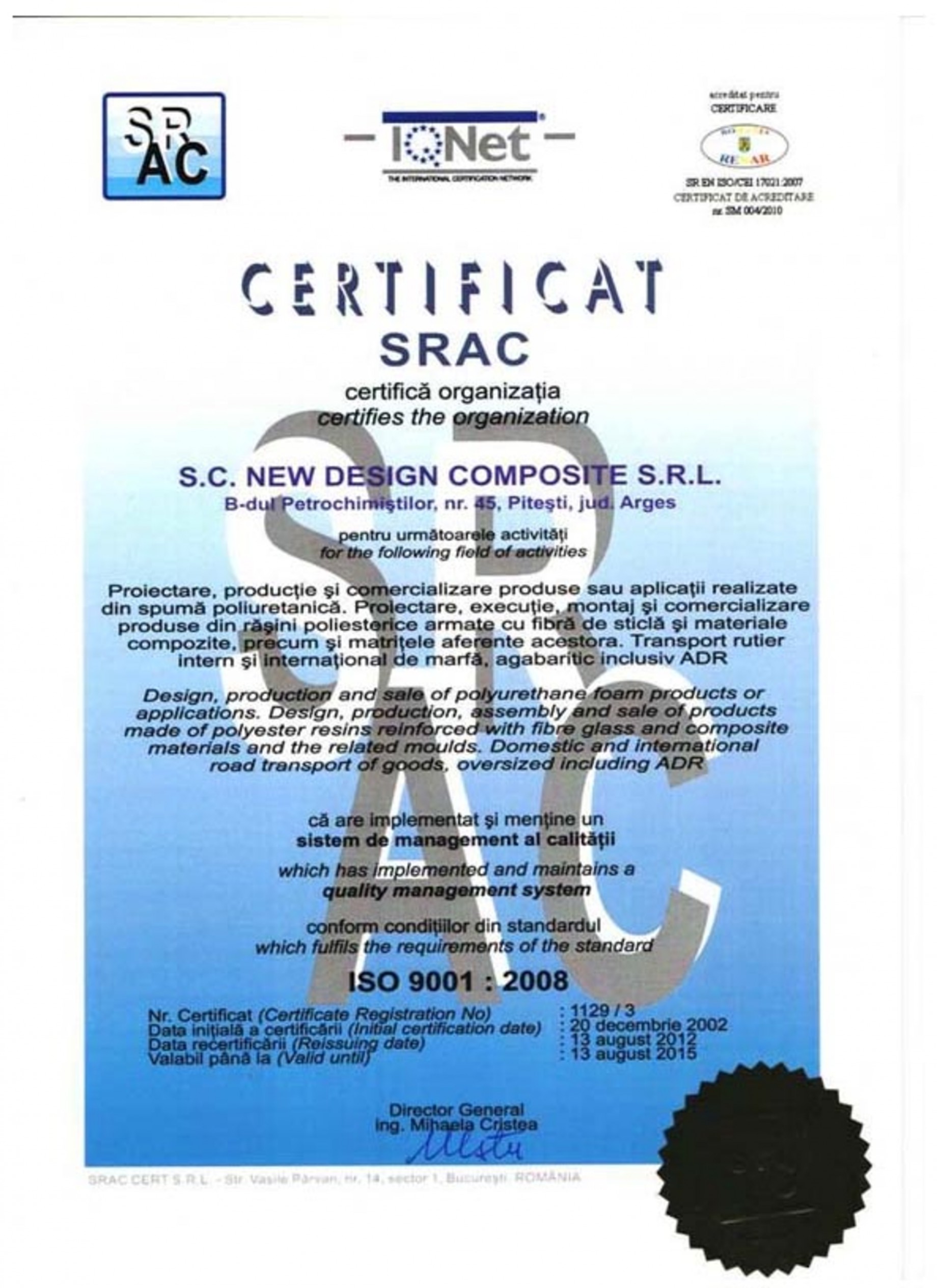 Certificat ISO SRAC 9001-2008 NEW DESIGN COMPOSITE Certificare produs ...