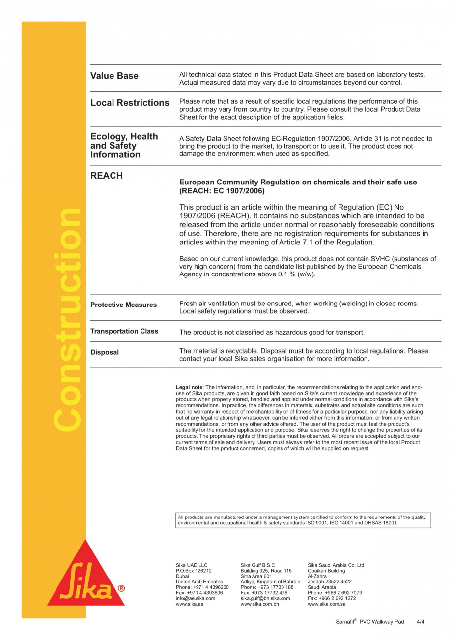 Fisa tehnica Placi din PVC pentru zone traficabile Sarnafil® PVC ...