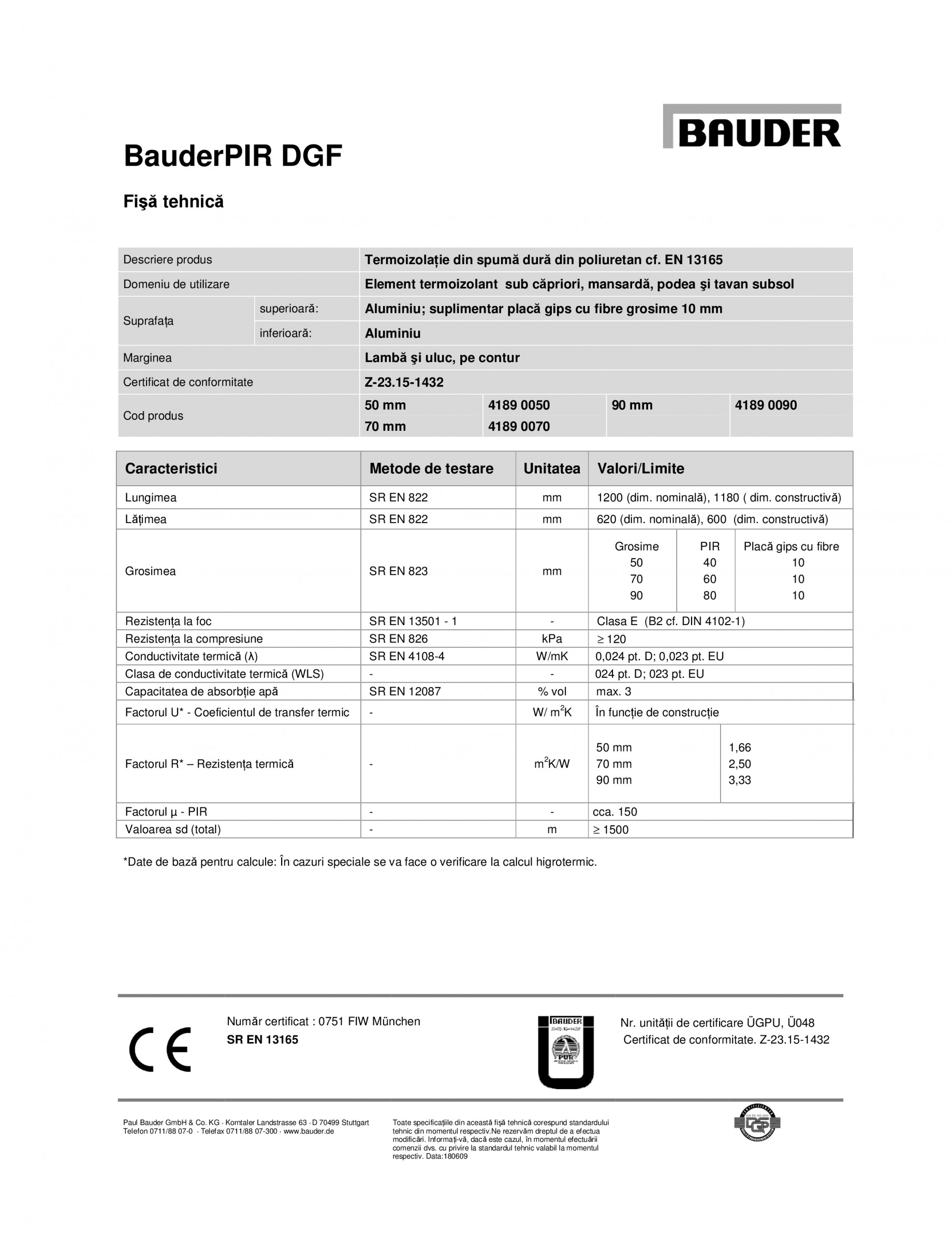 Termoizolatie din spuma dura din poliuretan BAUDER PIR DGF Fisa tehnica ...
