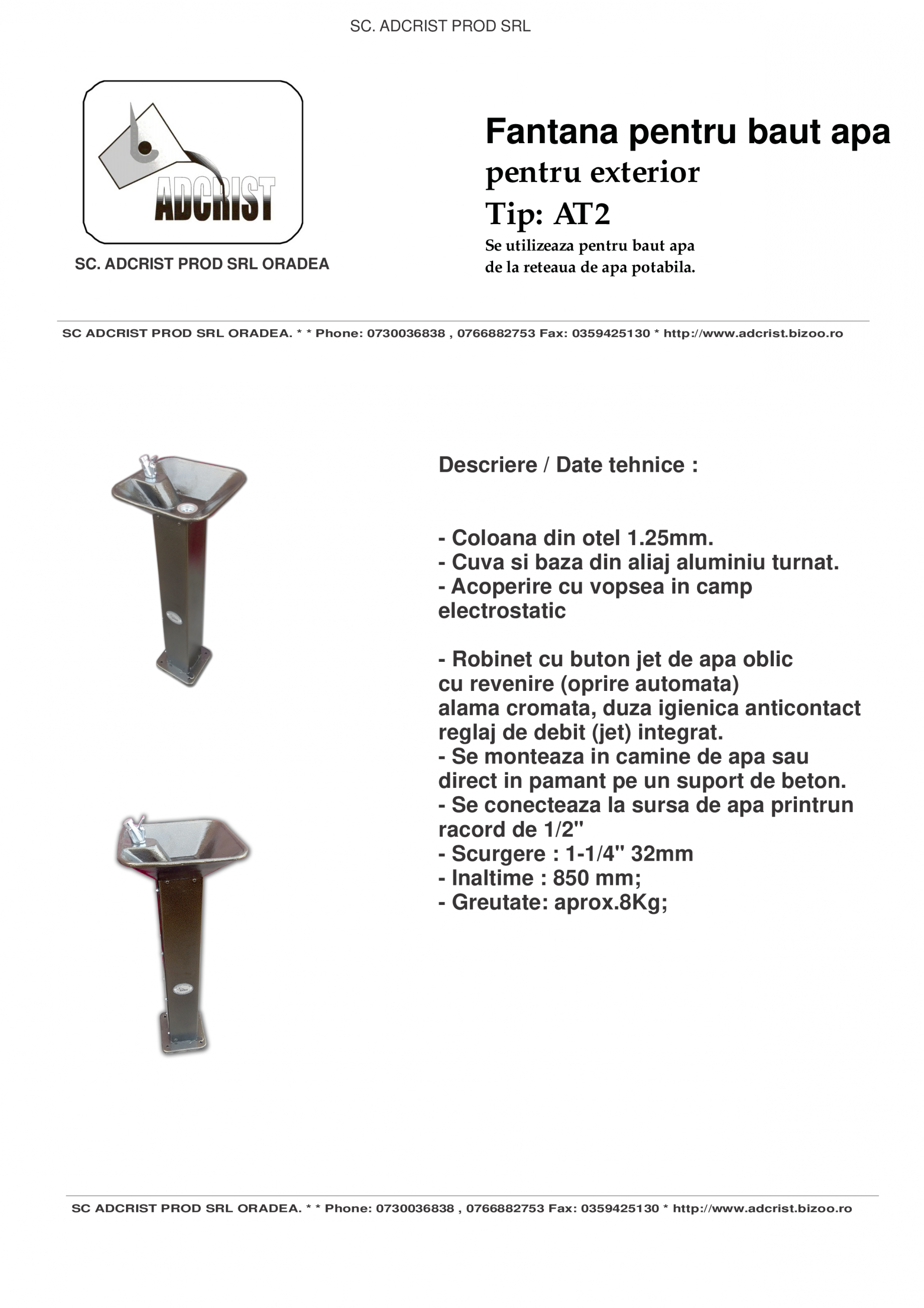 Fantana pentru baut apa pentru exterior ADCRIST AT2 Fisa tehnica Romana