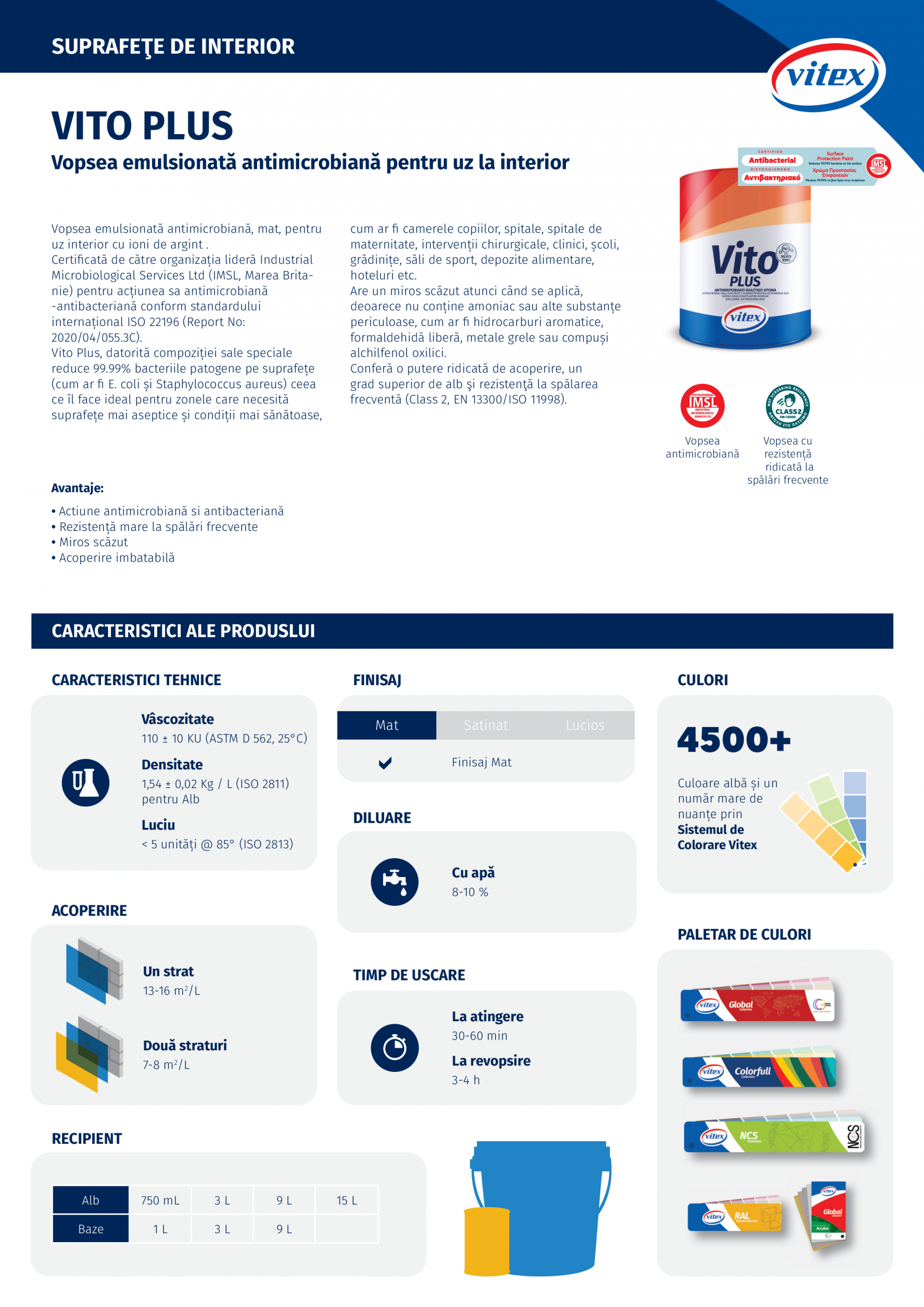 Vopsea emulsionată antimicrobiană pentru uz la interior VITEX VITO PLUS ...