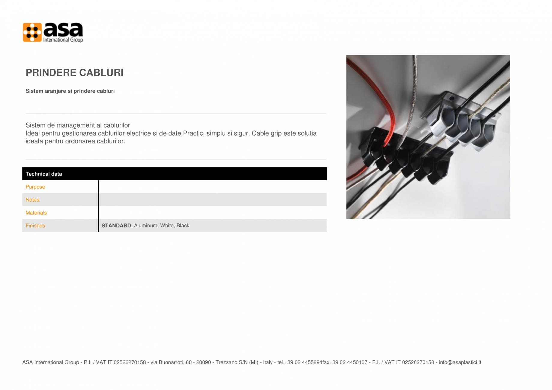 Sistem aranjare si prindere cabluri ASA Cable grip Fisa tehnica Engleza