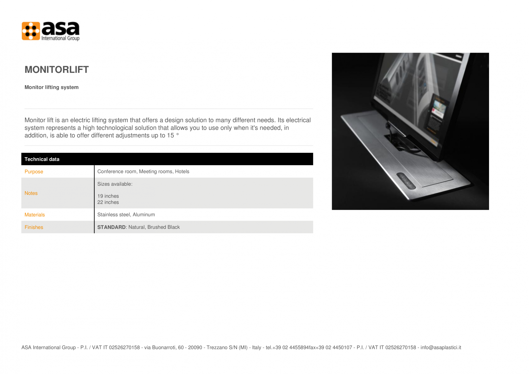 Sistem de ridicare a monitorului ASA MonitorLift Fisa tehnica Engleza