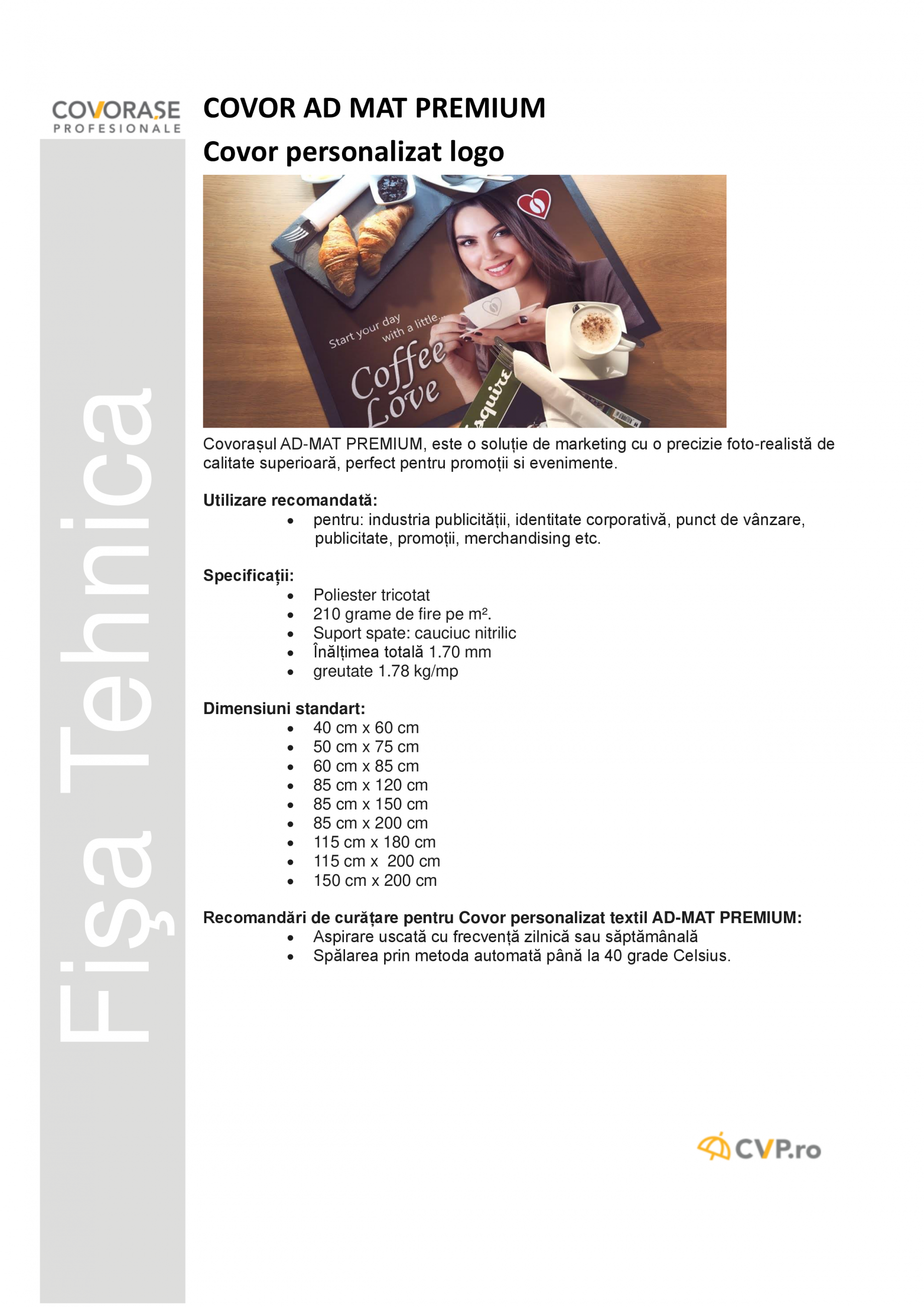 Covor personalizat textil COVORASE PROFESIONALE AD-MAT PREMIUM Fisa tehnica Romana