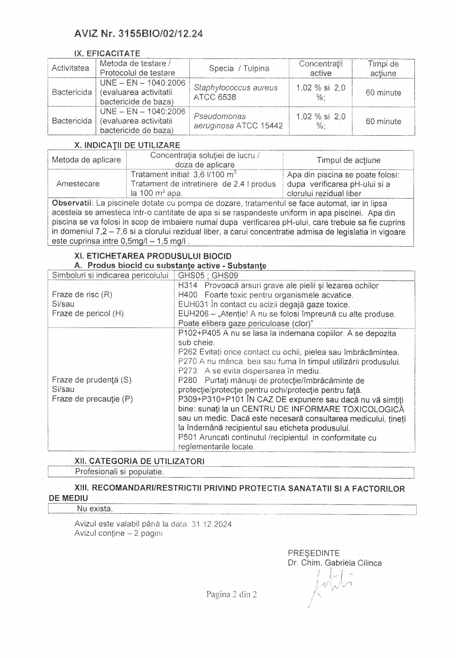 Aviz Nr.3155 BIO/02/12.24 AQUA THERM CLOR LICHID Certificare produs Romana