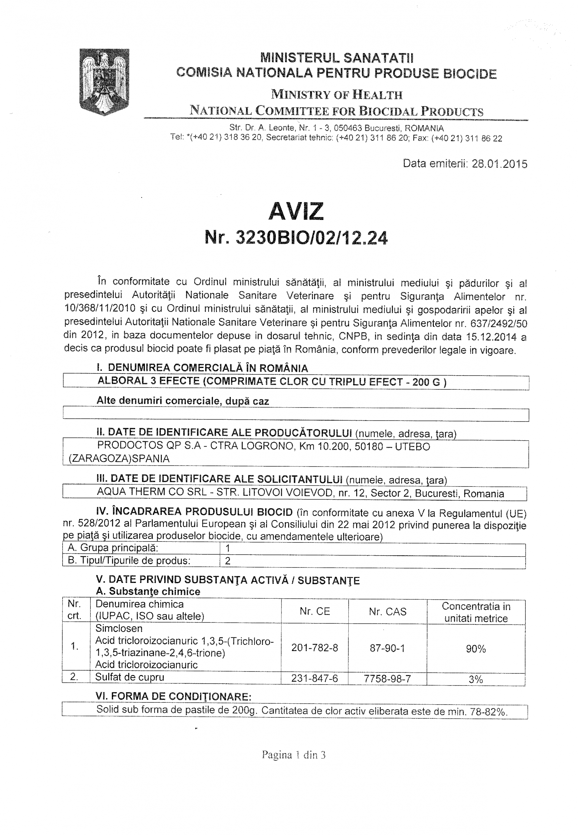 Aviz Nr.3230 BIO/02/12.24 AQUA THERM ALBORAL CLOR GRANULE Certificare ...
