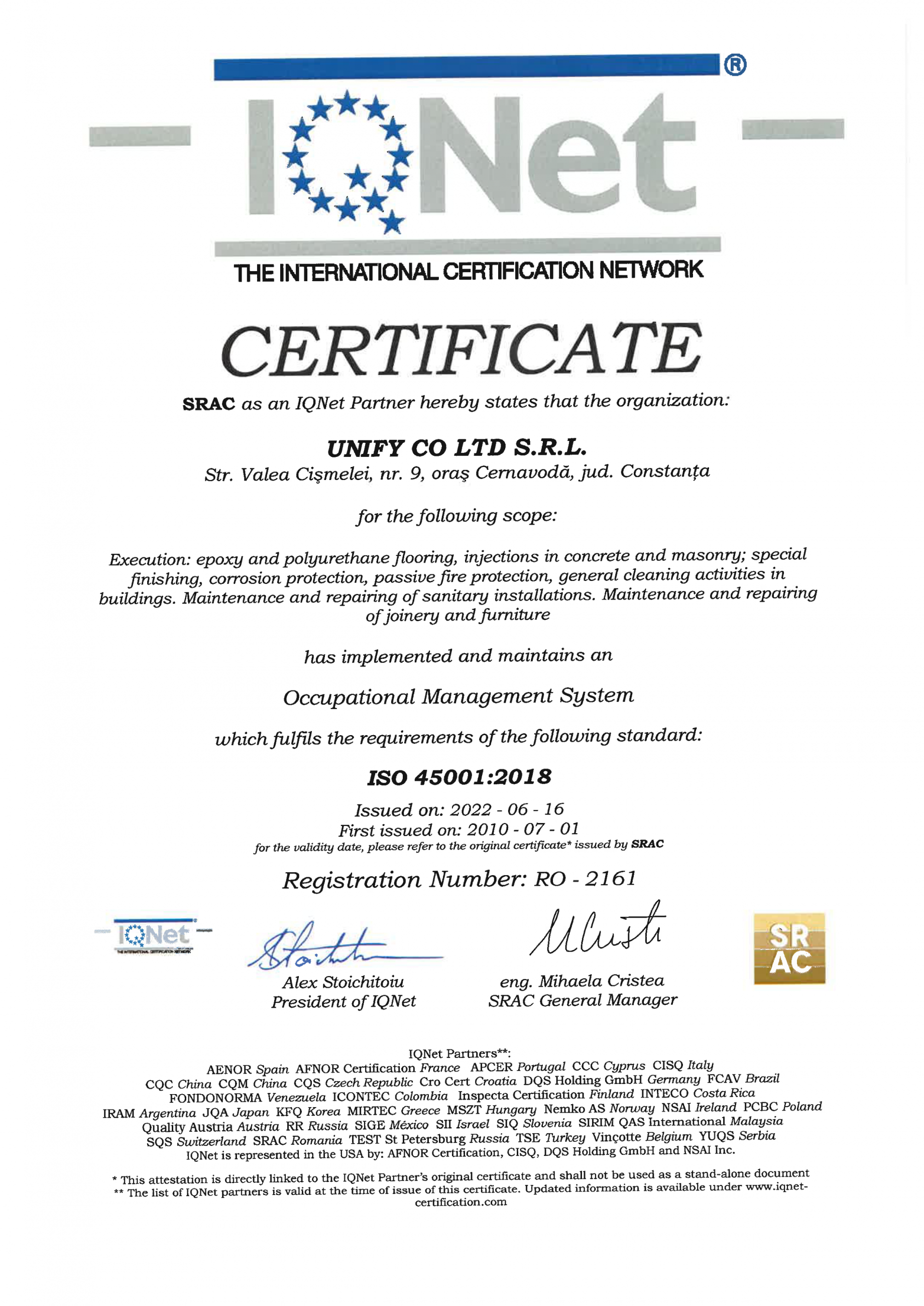 Certificat SRAC -IQNET SR ISO 45001-2018 Certificare produs Engleza
