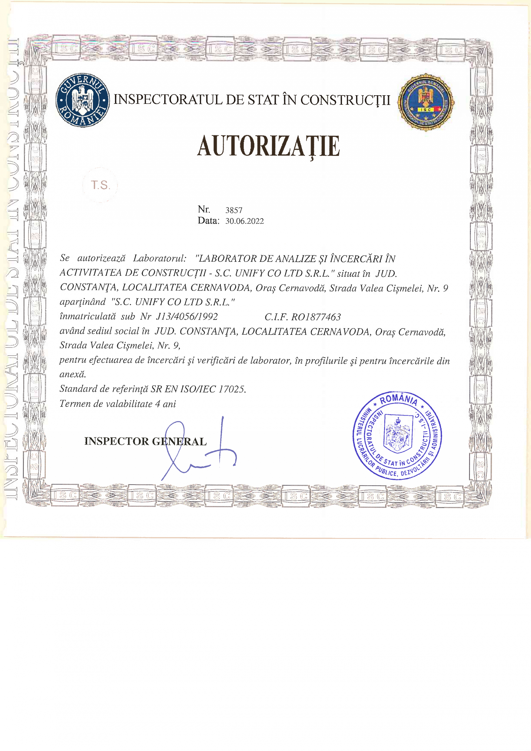 Autorizatie ISC Laborator Nr. 3857 din 30.06.2022- Anexa 1 Certificare ...