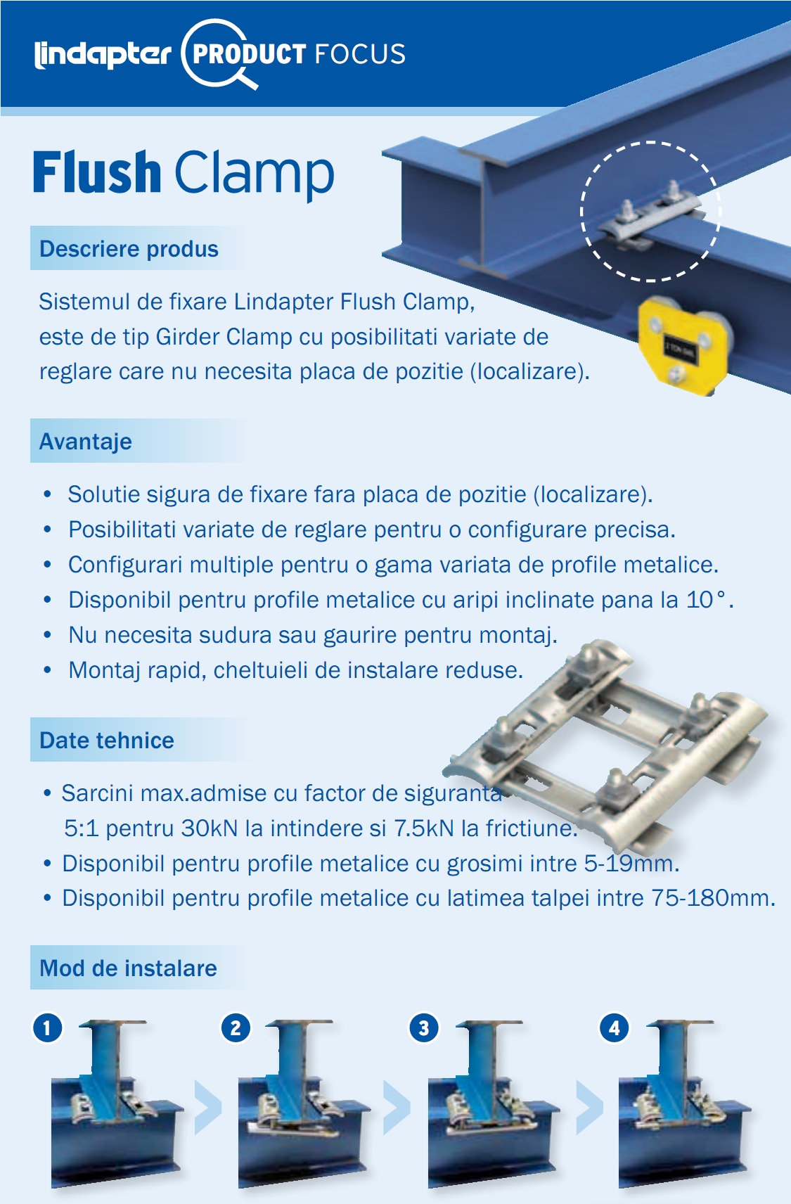Sistem de fixare structuri metalice - LINDAPTER Tip FC - Flush Clamp